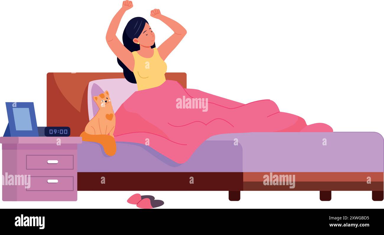 Woman wake up in bedroom. Cat sit in bed. Cozy home. Vector illustration Stock Vector Image ...