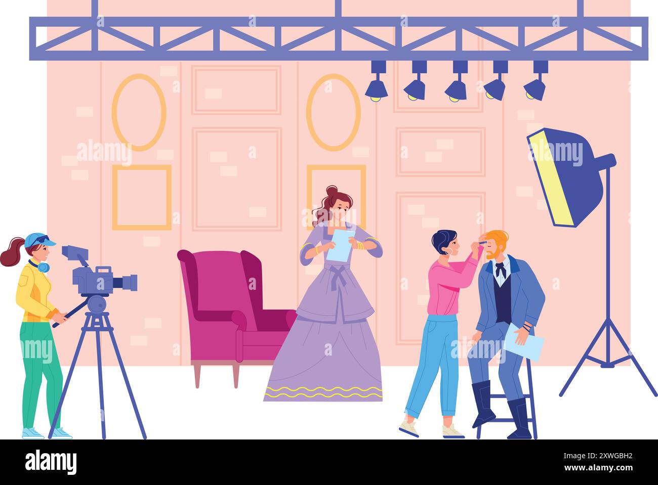 Film production scene. Actors and crew preparing for shoot. Vector ...