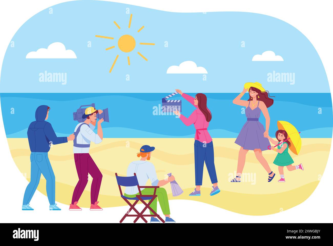 Movie recording on summer beach. Film production scene. Vector ...