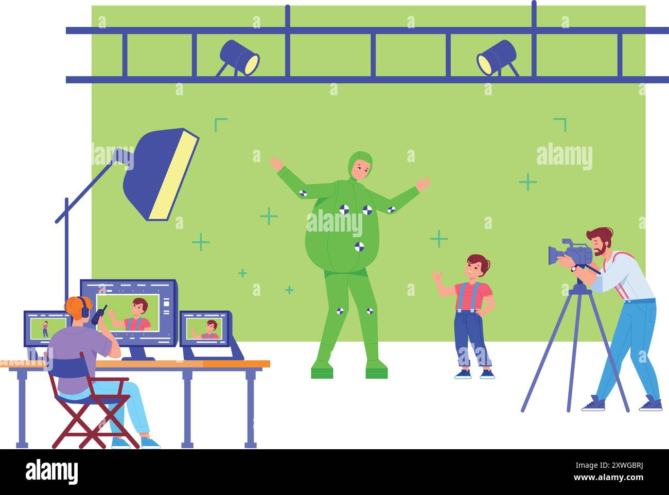 Film shooting on green screen. Modern movie production isolated on ...