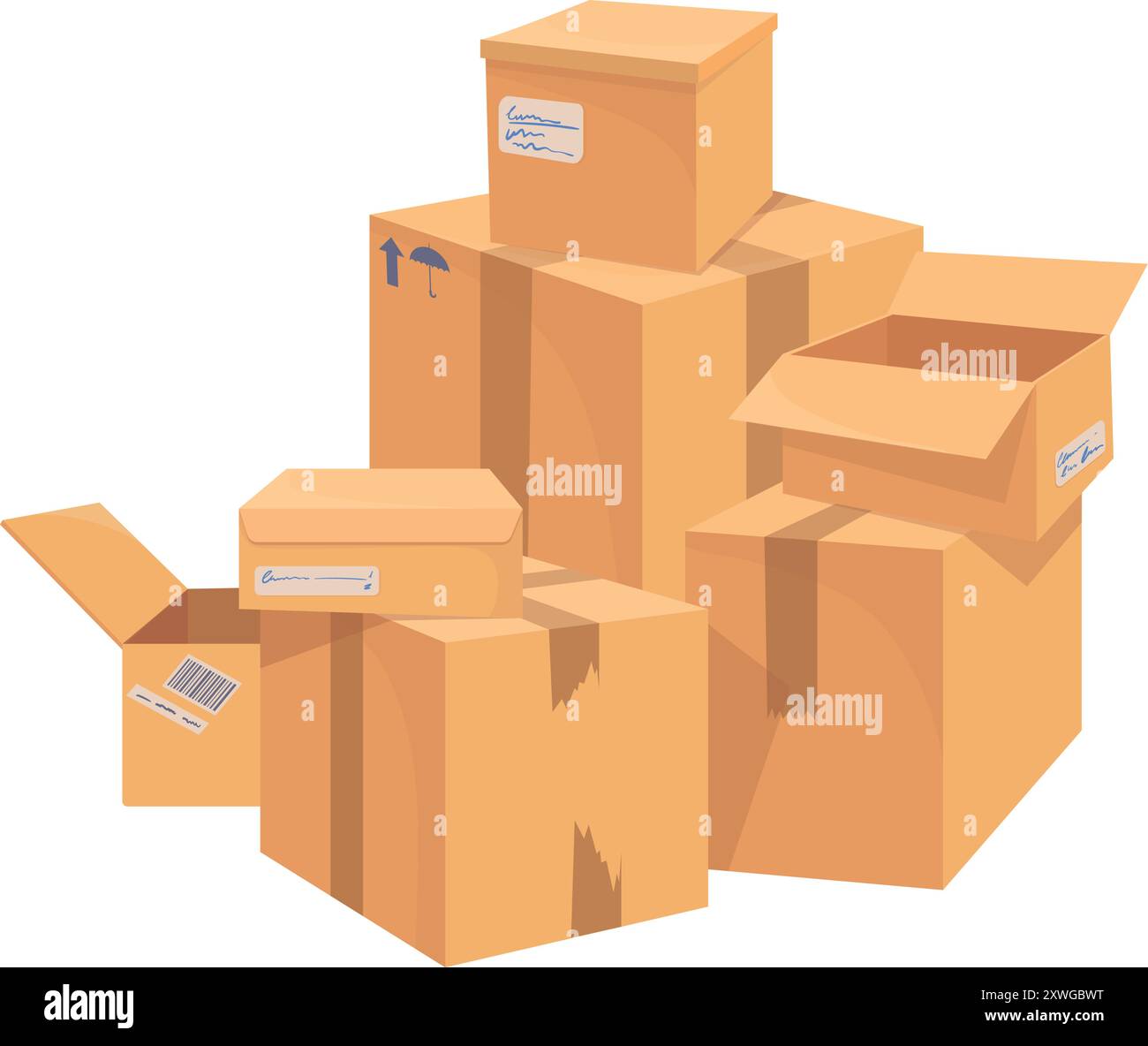 Open and closed delivery boxes. Pile of cardboard paper containers ...
