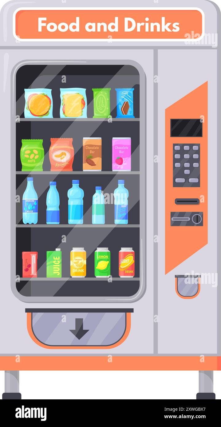 Food and drinks in automated kiosk. Fridge vending machine isolated on white background Stock ...