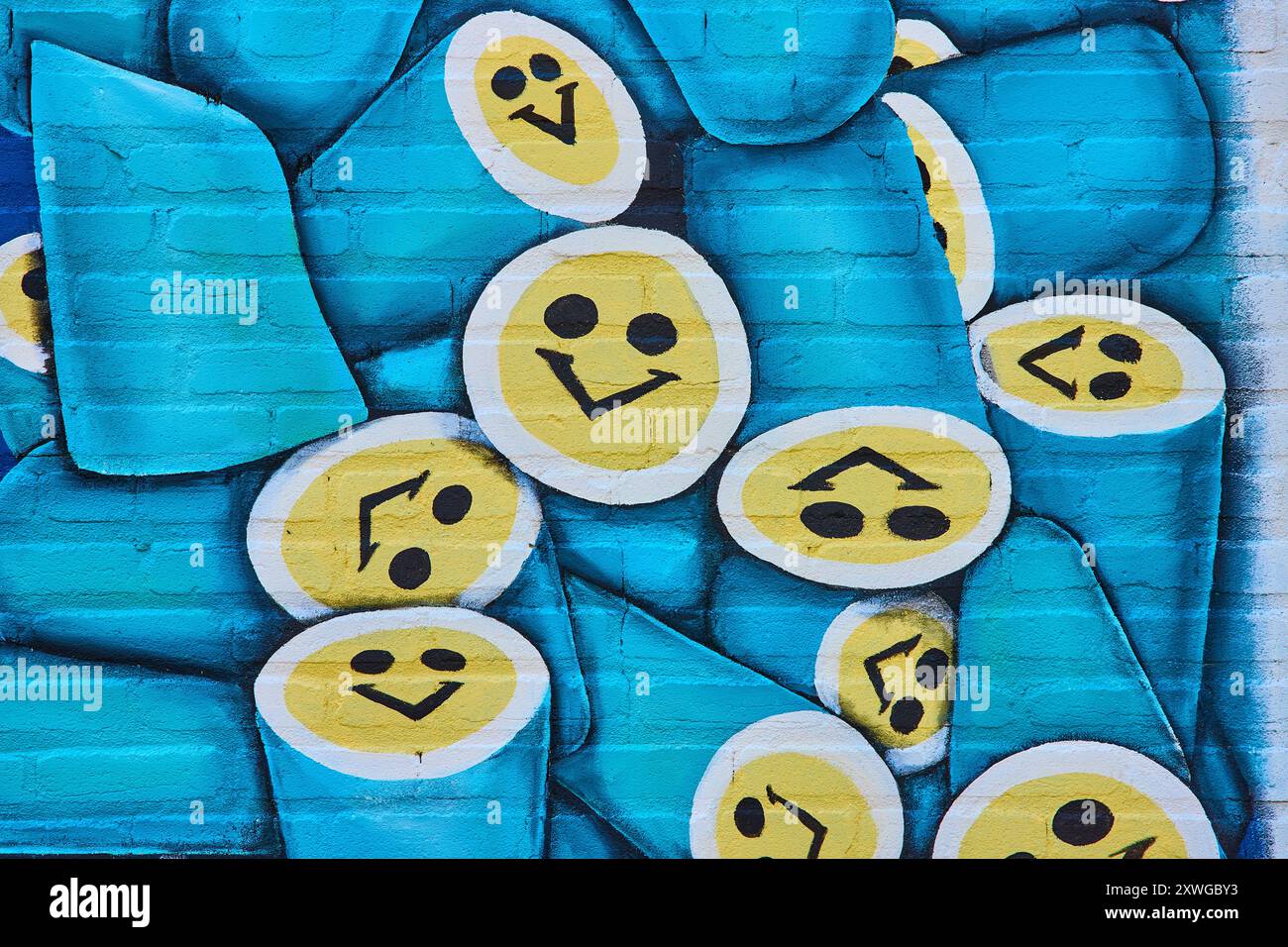 Vibrant Smiley Faces Mural on Brick Wall Eye-Level Perspective Stock ...