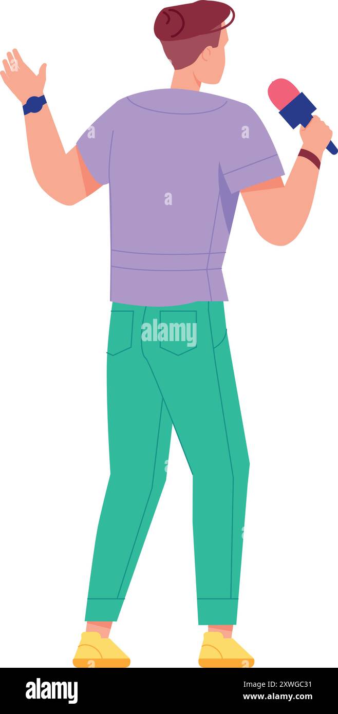 Tv show anchorman back view. Journalist character isolated on white background Stock Vector ...