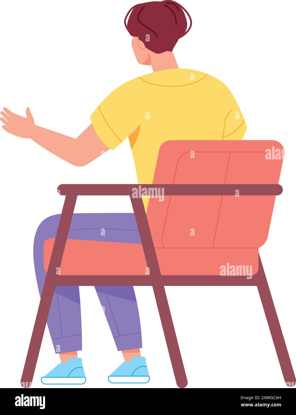 Woman sit in chair back view. Talking person isolated on white ...