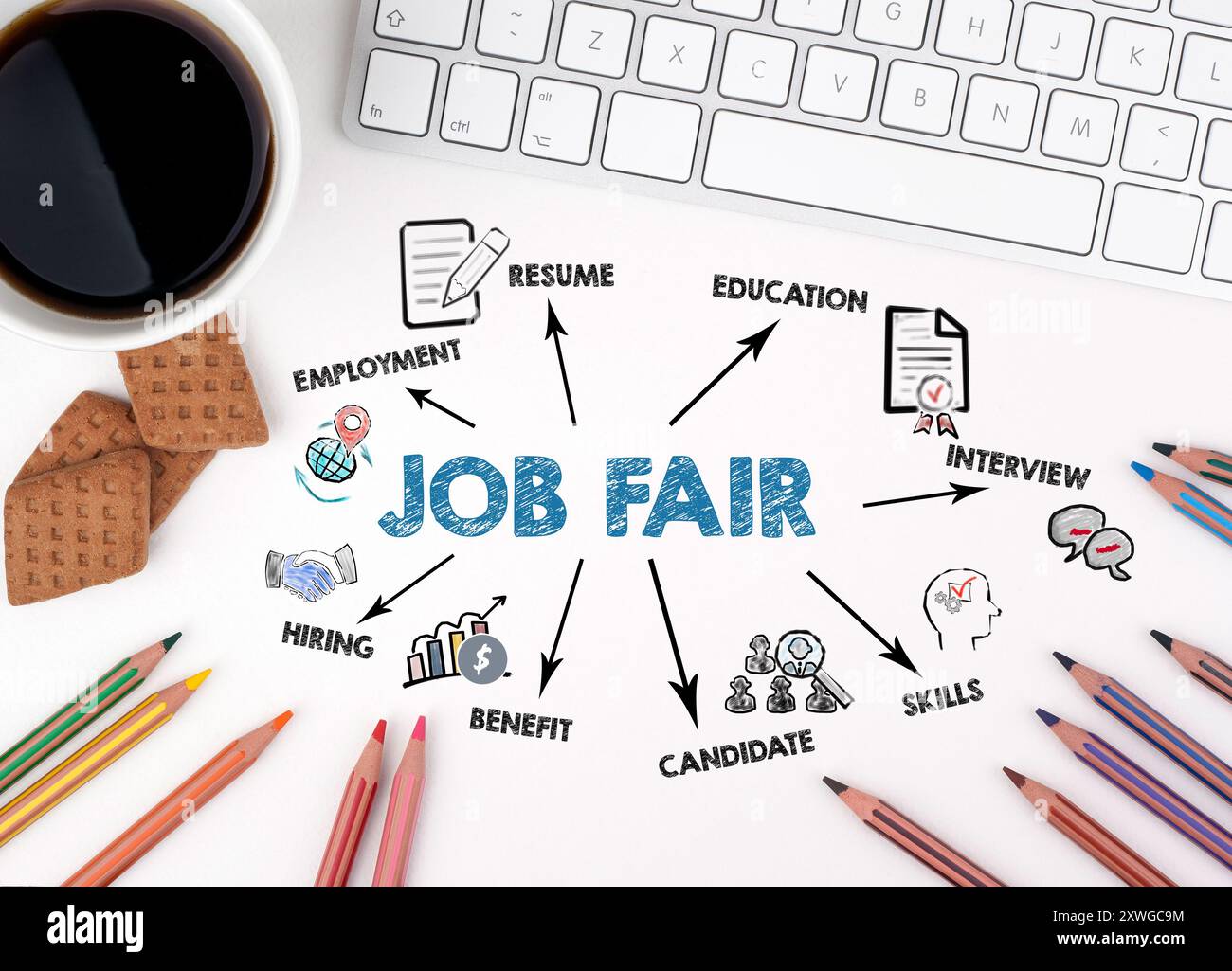 Job fair Concept. Chart with keywords and icons. White office desk ...