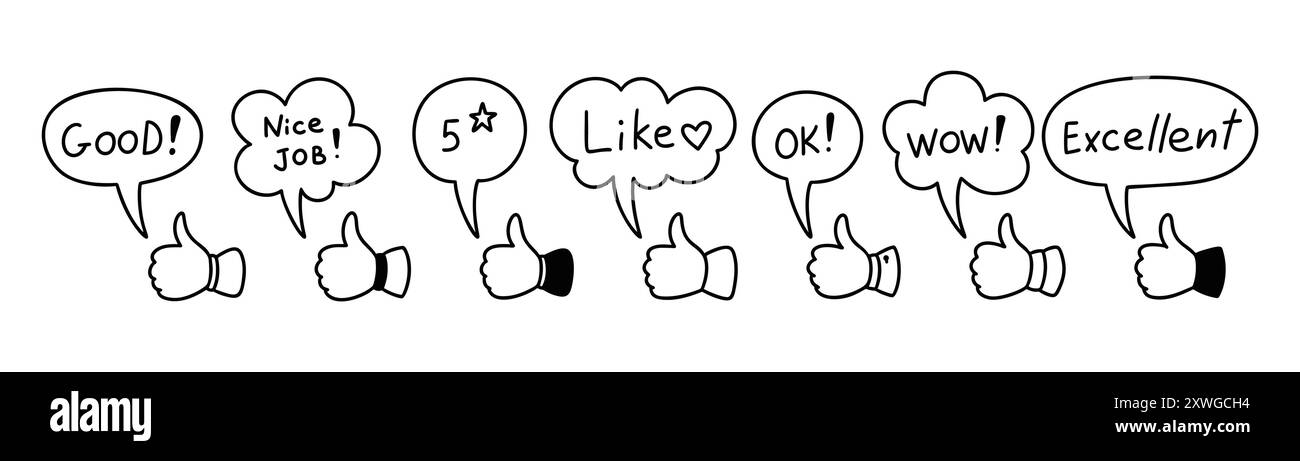 Positive expressions speech bubbles. Thumb up cute line doodle icon ...