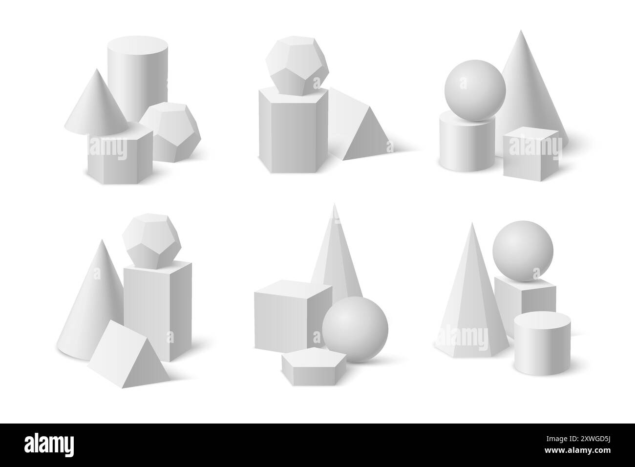 Plaster figures compositions. White pyramid, cylinder and cube, ball ...