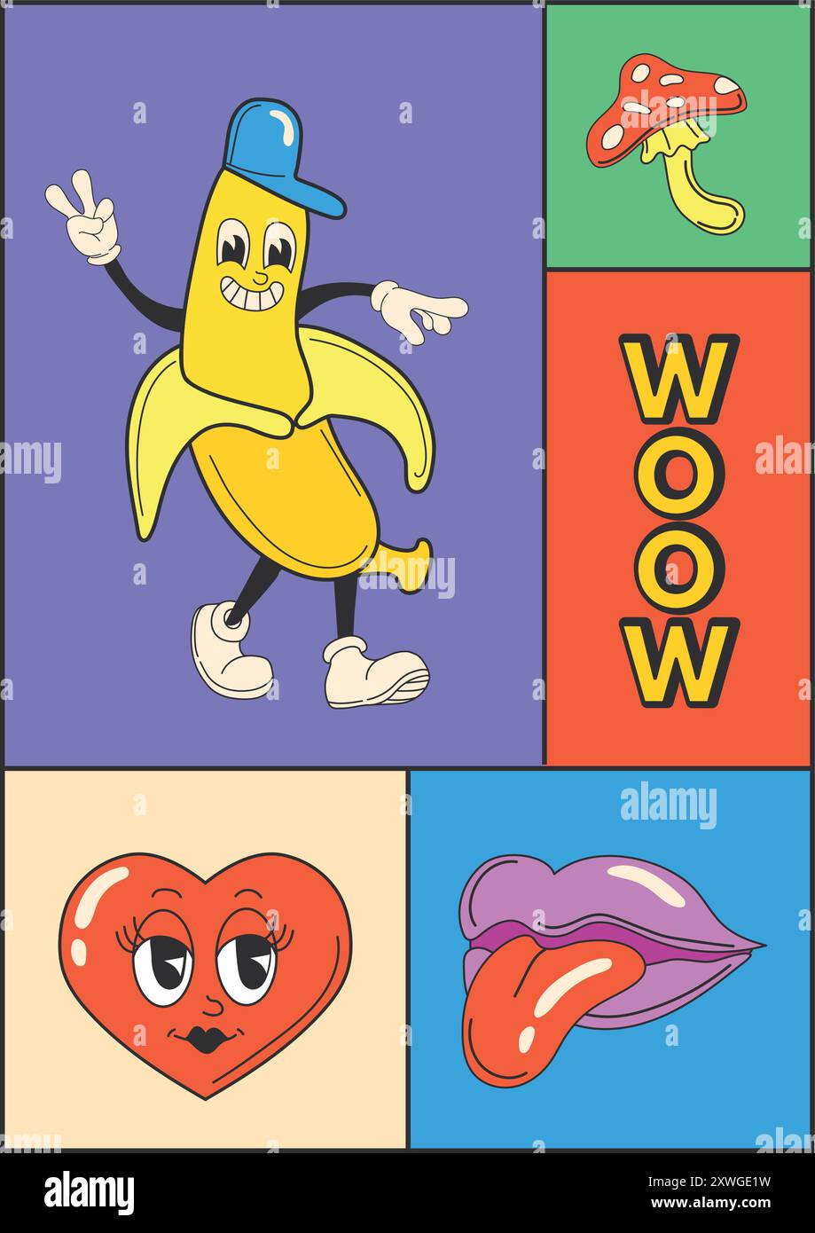 Psychedelic colorful poster with crazy retro cartoon characters. Vector ...