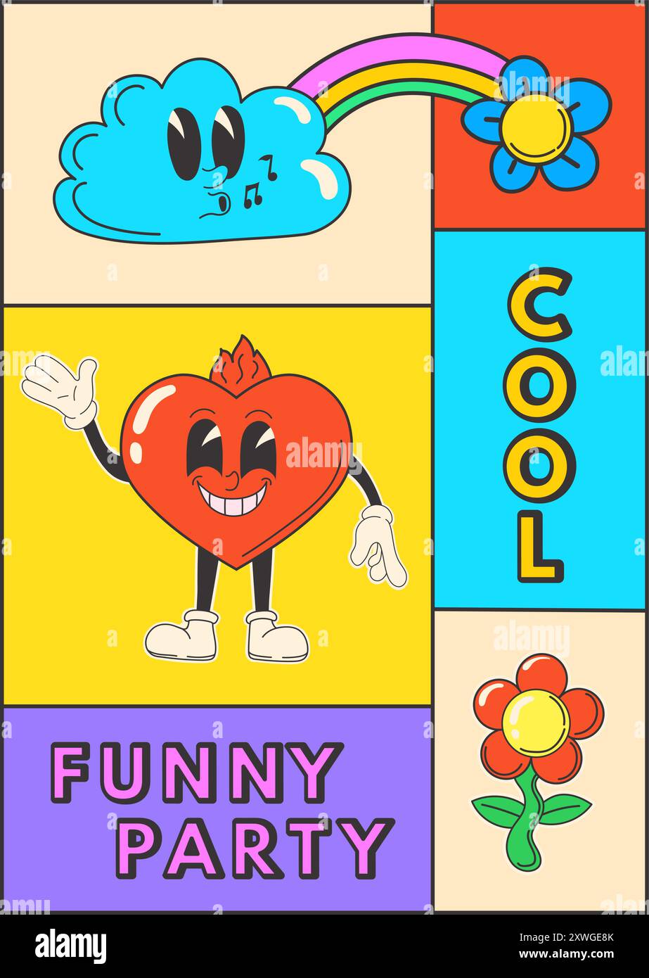 Party invitation template with retro cartoon color character. Vector ...