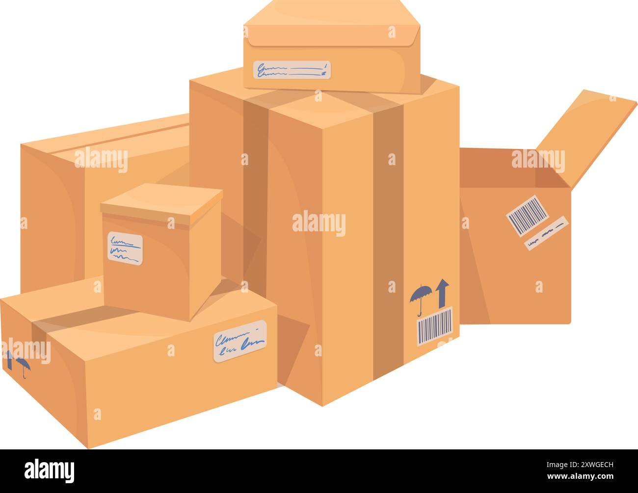 Cardboard box pile. Delivery storage stack. Empty and full containers ...