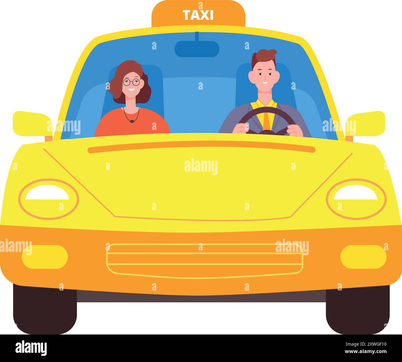 Taxi front view. Driver and passenger in yellow car isolated on white ...