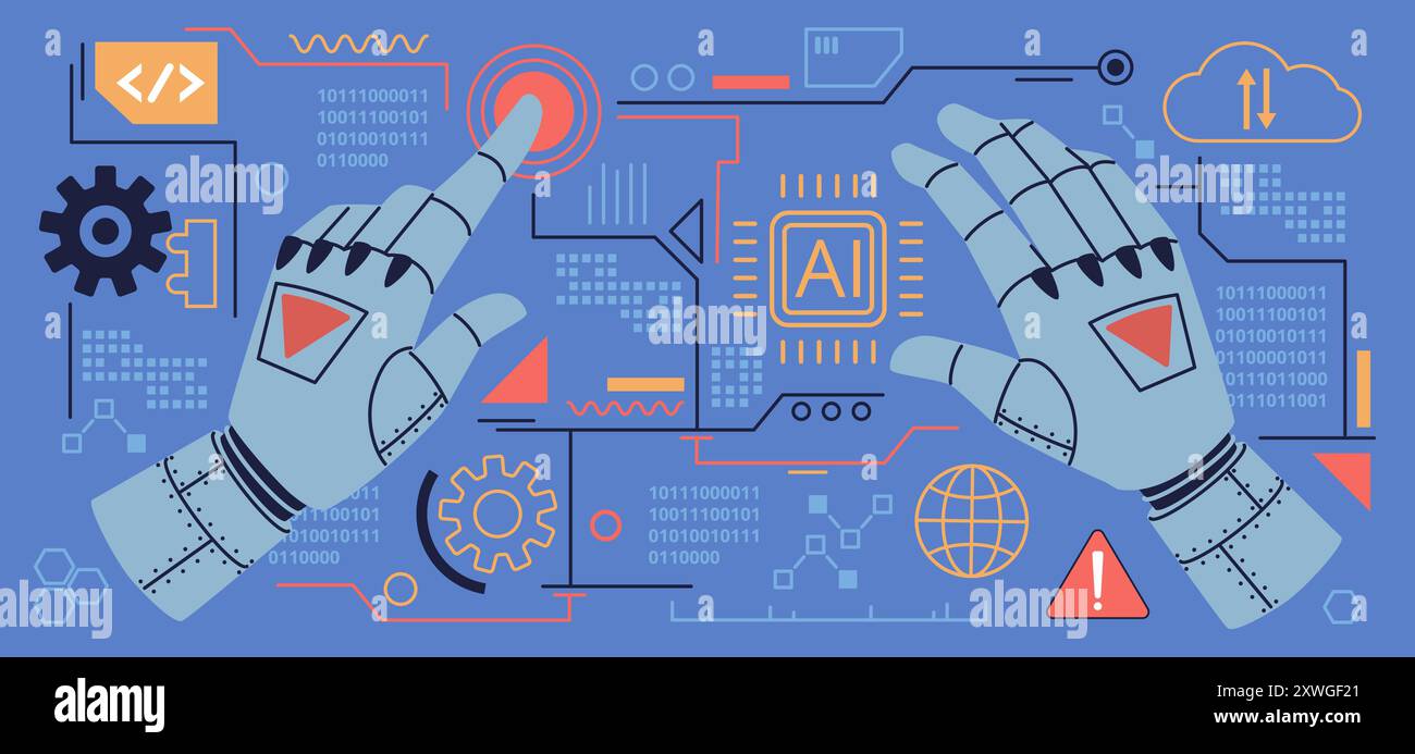 Robot hands. Artificial intelligence writing program, mechanical limbs use touch screen, cyborg ...