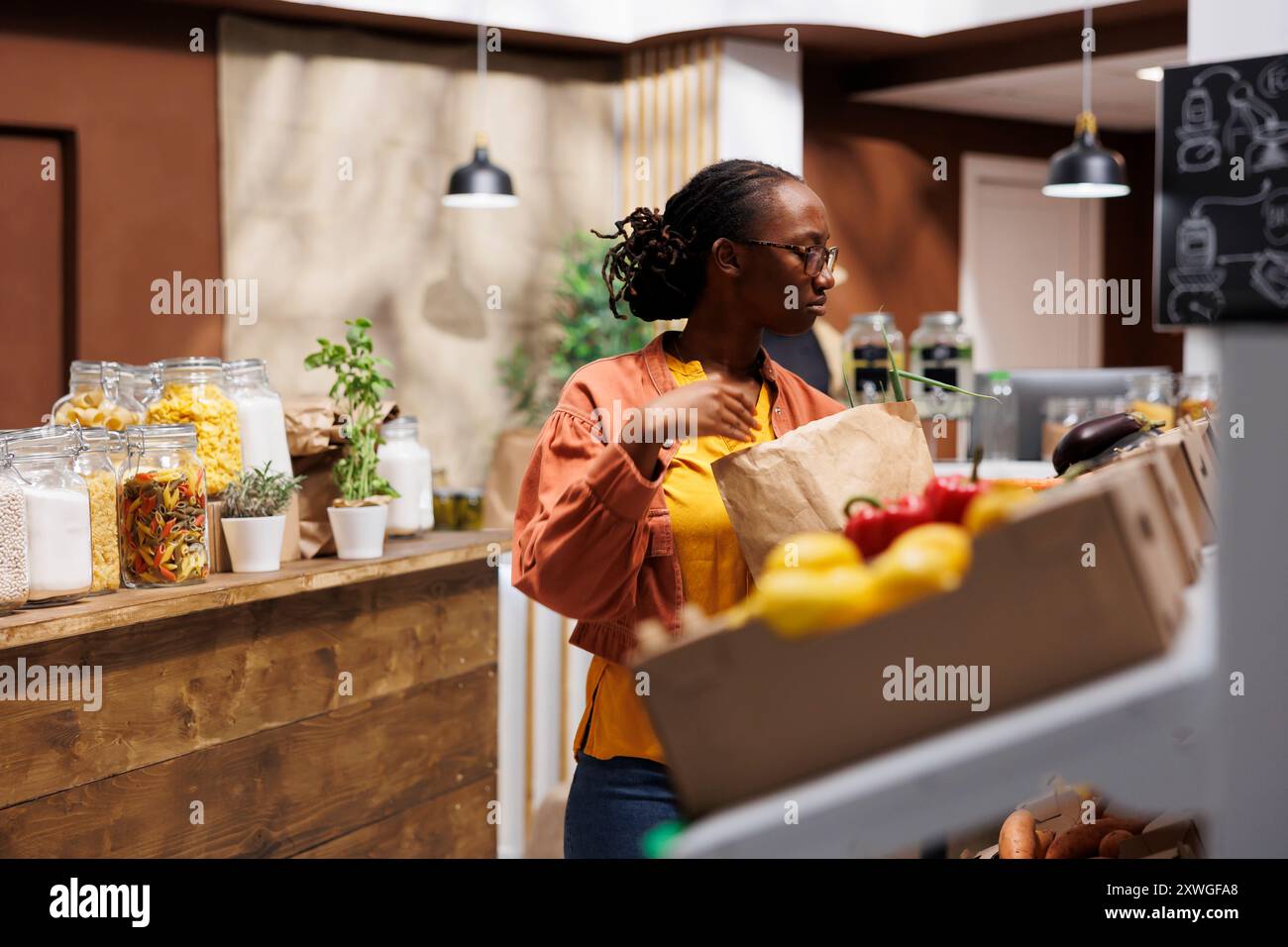 African American lady in a bio grocery store, browsing shelves filled ...