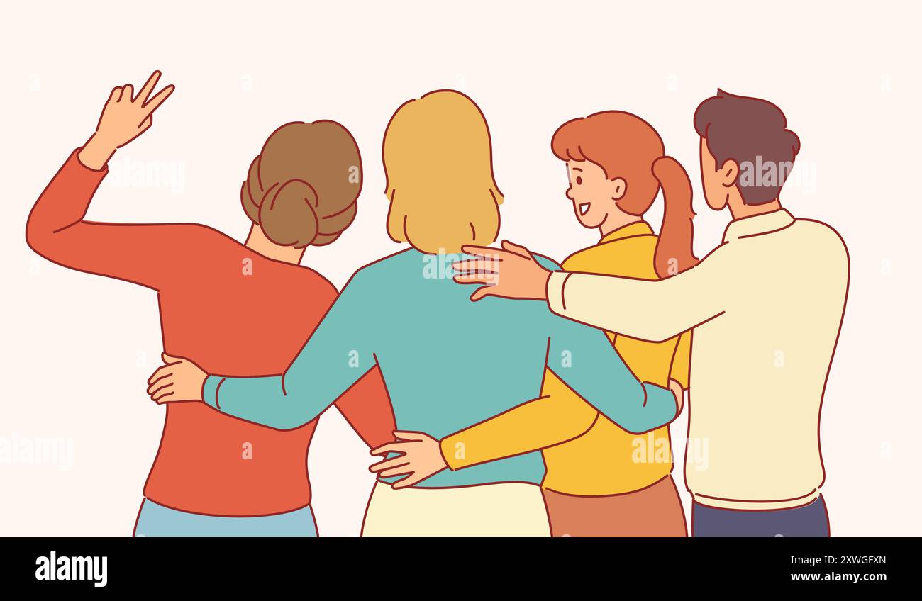Happy friends group hug. View from back, friendly relations, people ...