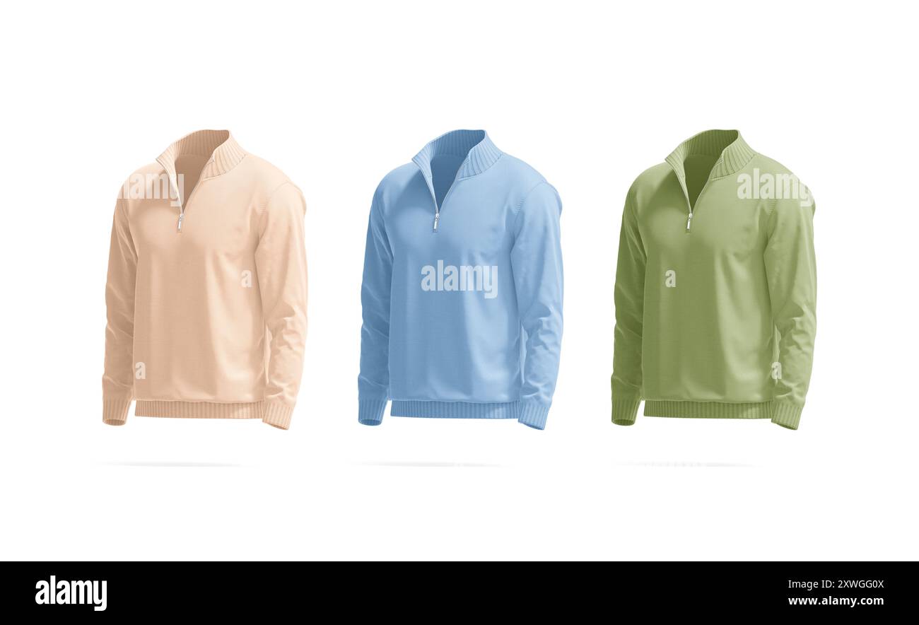 Blank colored quarter zip sweater mockup, side view, 3d rendering ...