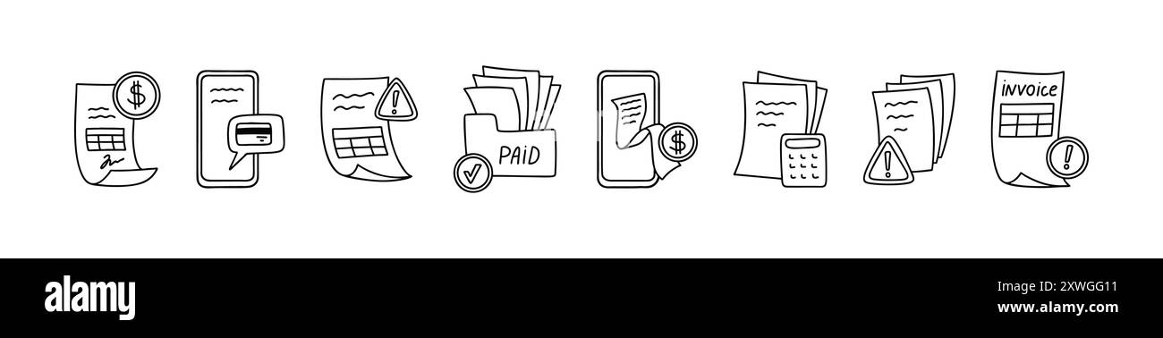 Line doodle bill and invoice icon set. Receipt, tax, loan, order hand ...