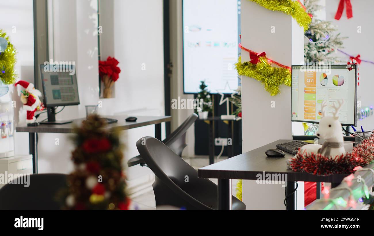Empty festive ornate office properly decorated for company Christmas ...