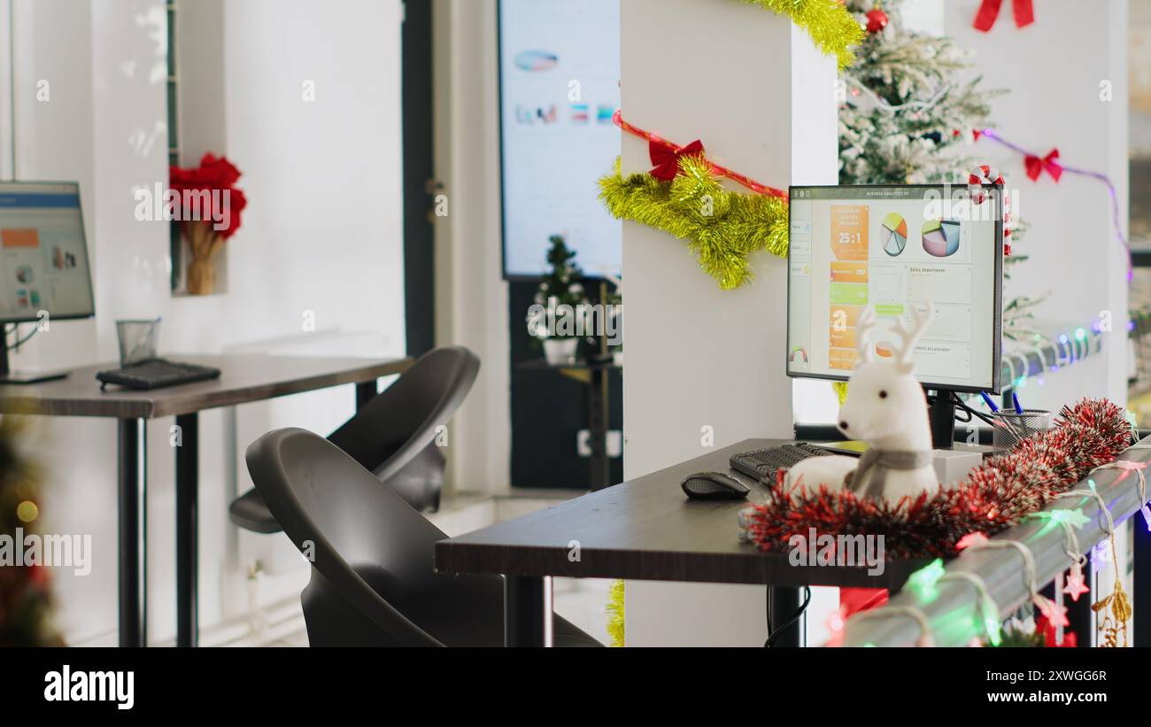 Empty festive ornate office properly decorated for startup Christmas ...
