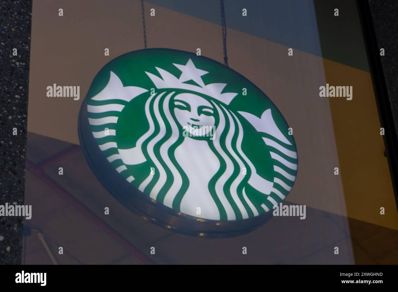 Poznan, Poland. 13 August, 2024: Starbucks Circular Green Logo on Glass ...
