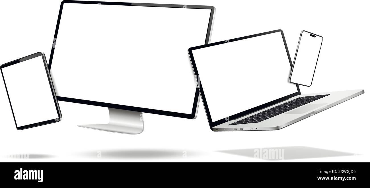 Flying computer screen, laptop, tablet, phone mock up with white screen ...