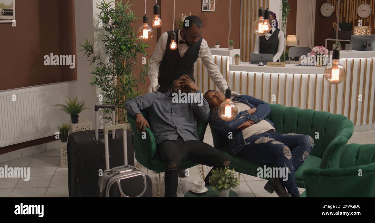 People sleeping in hotel lobby entrance after international flight ...