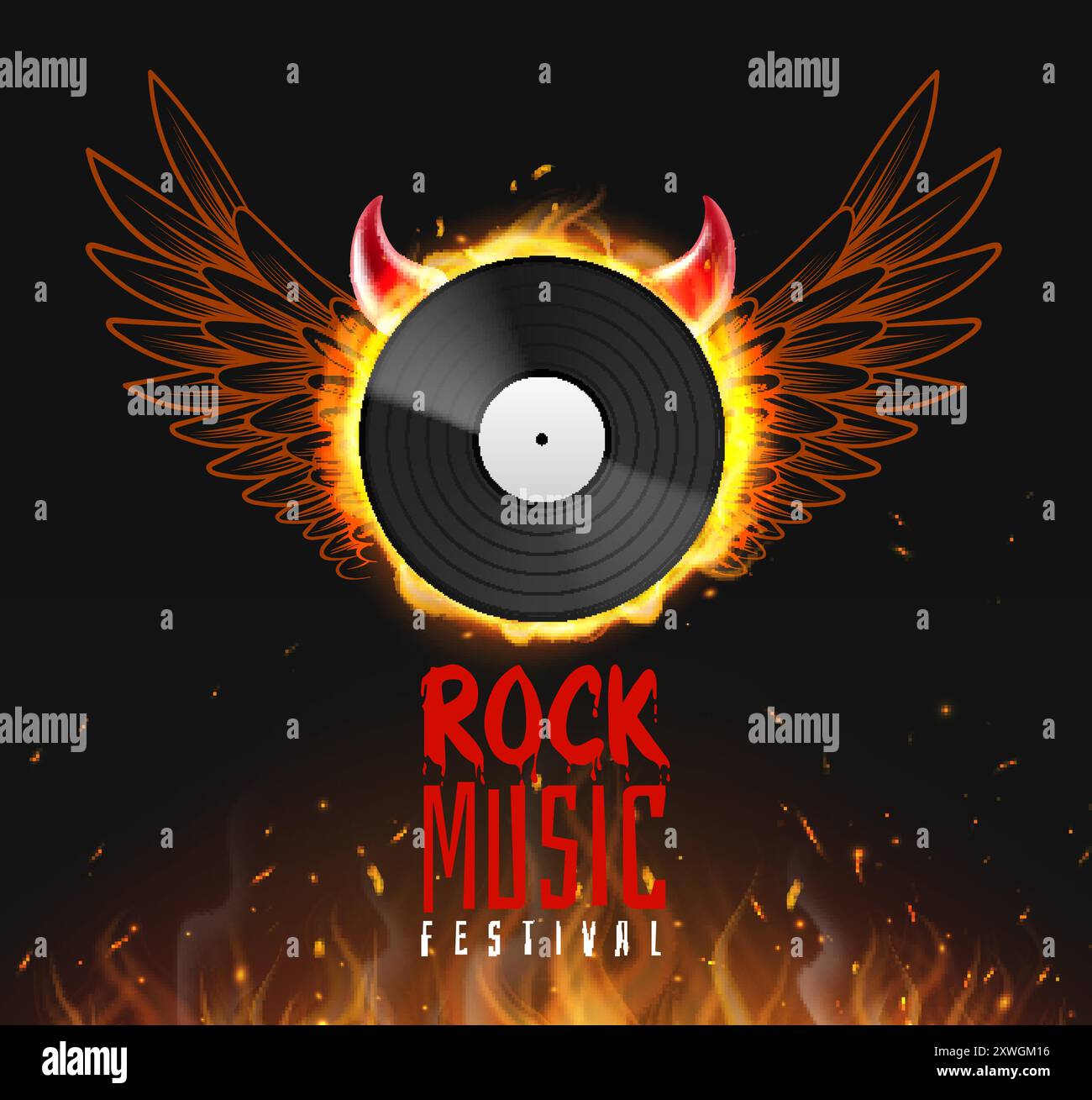 Rock music. Vinyl record on fire flame, devil horns and angel wings ...