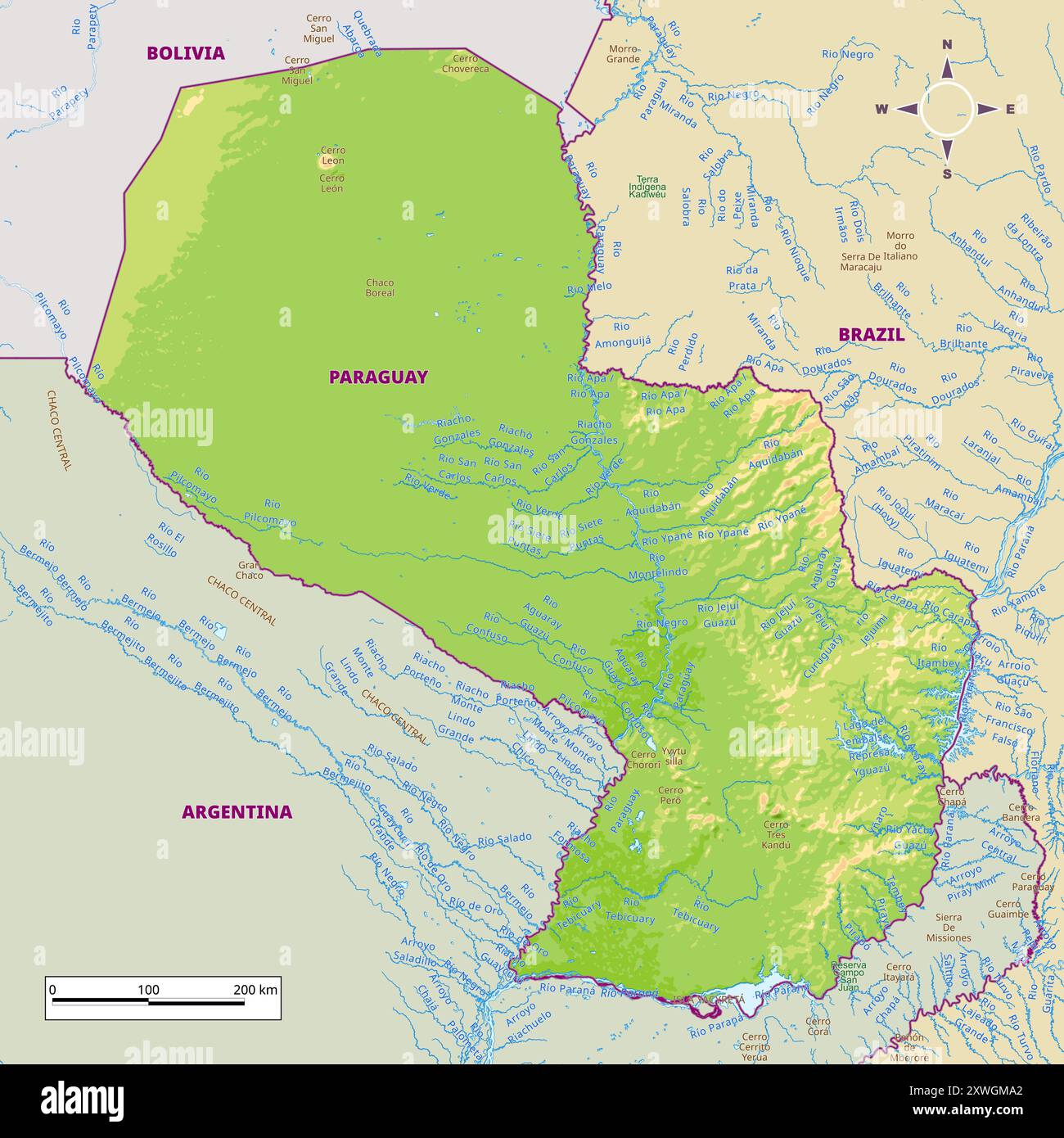 Detailed physical map of Paraguay Stock Vector Image & Art - Alamy