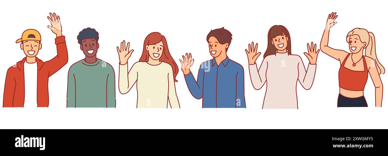 Students smile and wave hands. Multicultural people, different ...