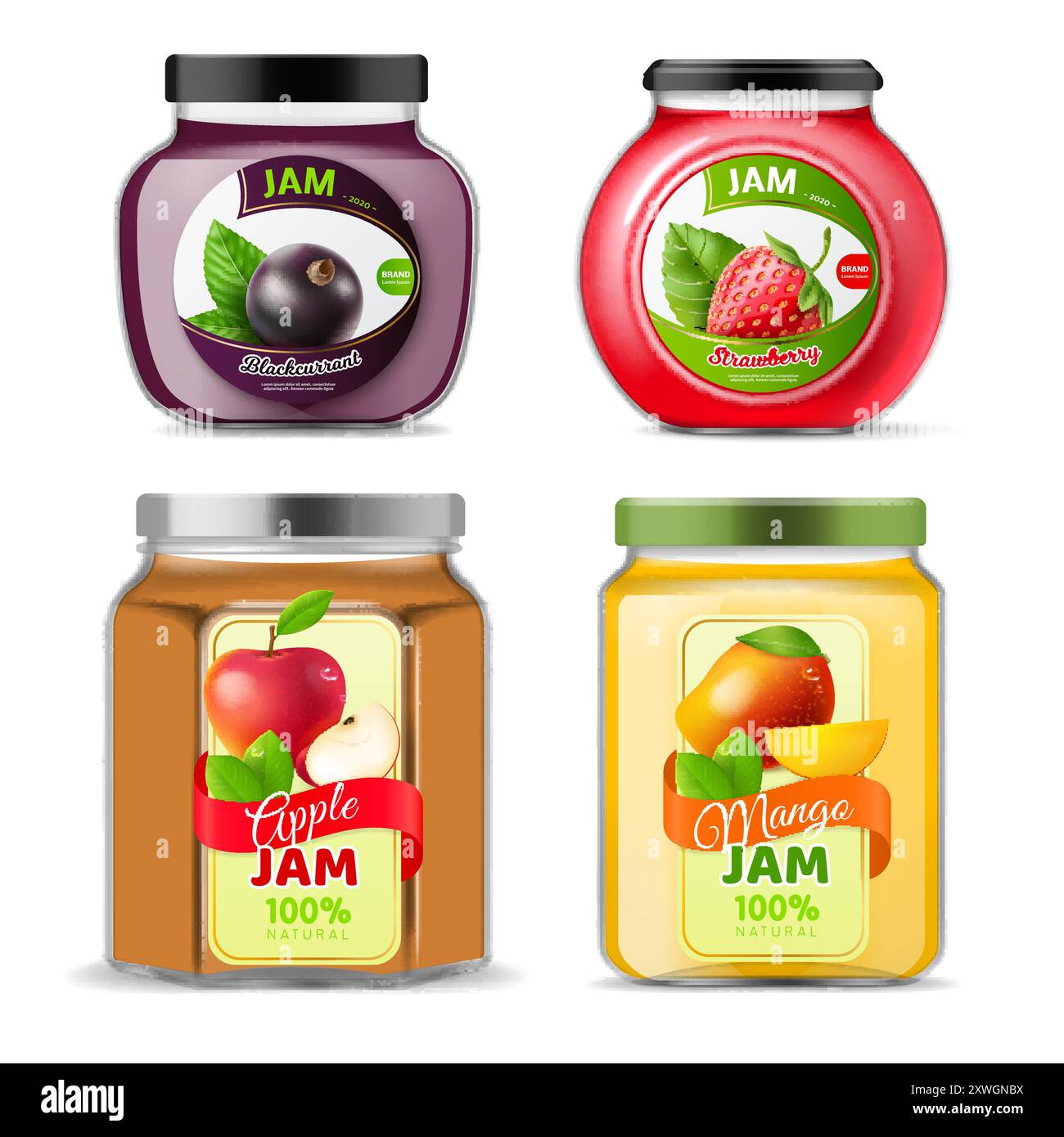 Jams jars. Realistic berry sweet canned food in glass bottles different ...