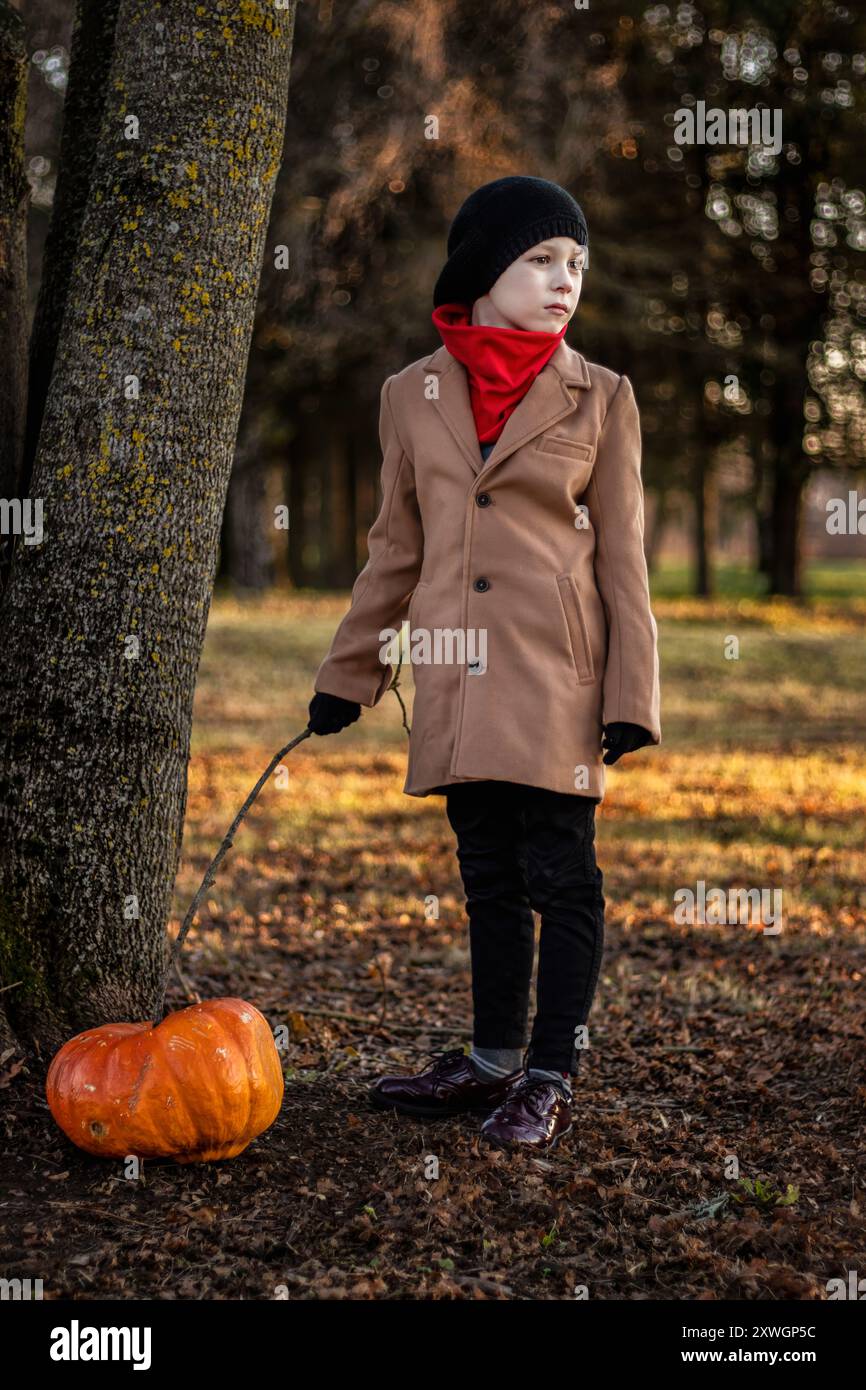 Autumn outdoor emotional portrait of a boy Stock Photo - Alamy