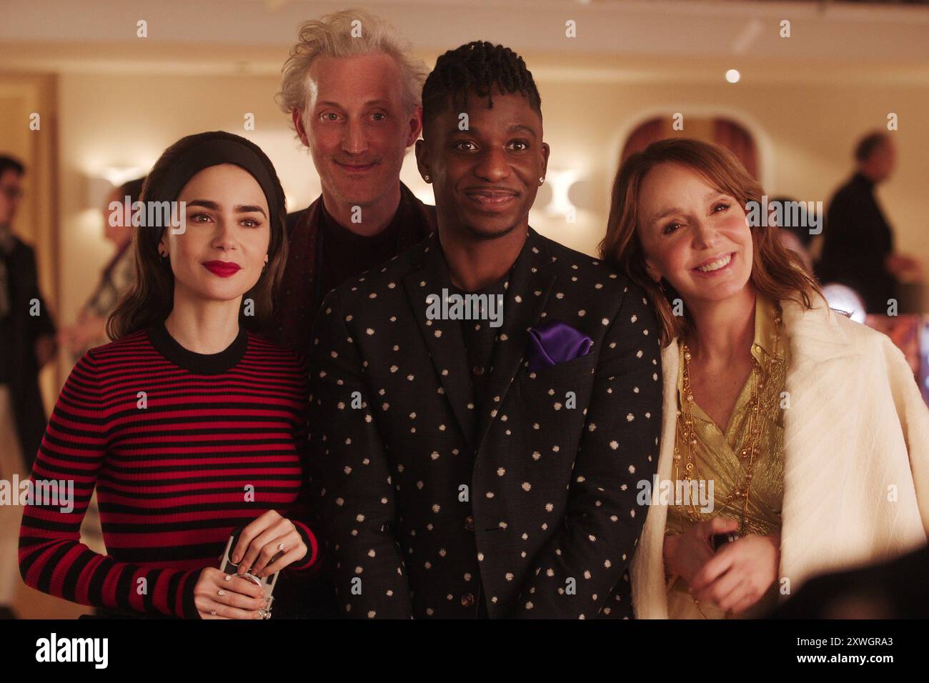 EMILY IN PARIS, from left: Lily Collins, Bruno Gouery, Samuel Arnold ...