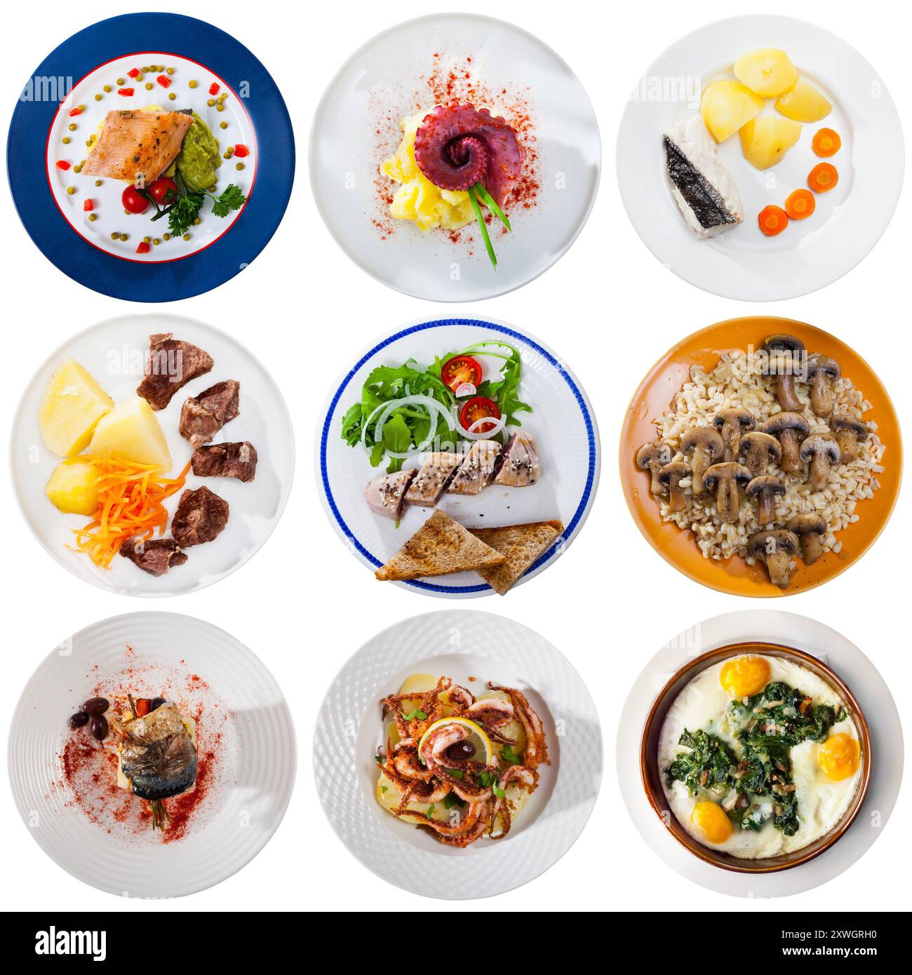 Collection of dishes on round plates Stock Photo - Alamy