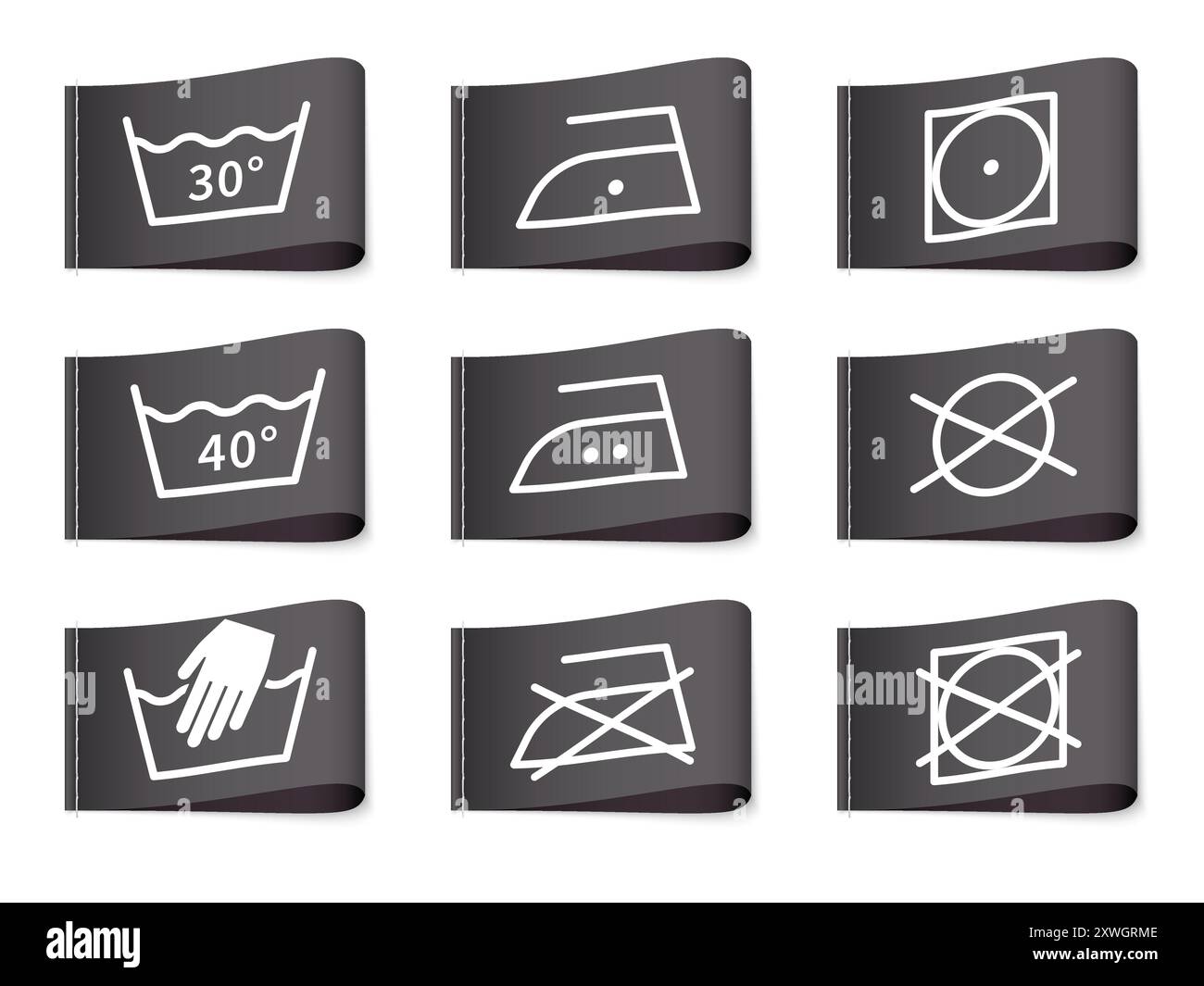 Black laundry labels. Textile washing instructions for cotton clothes ...