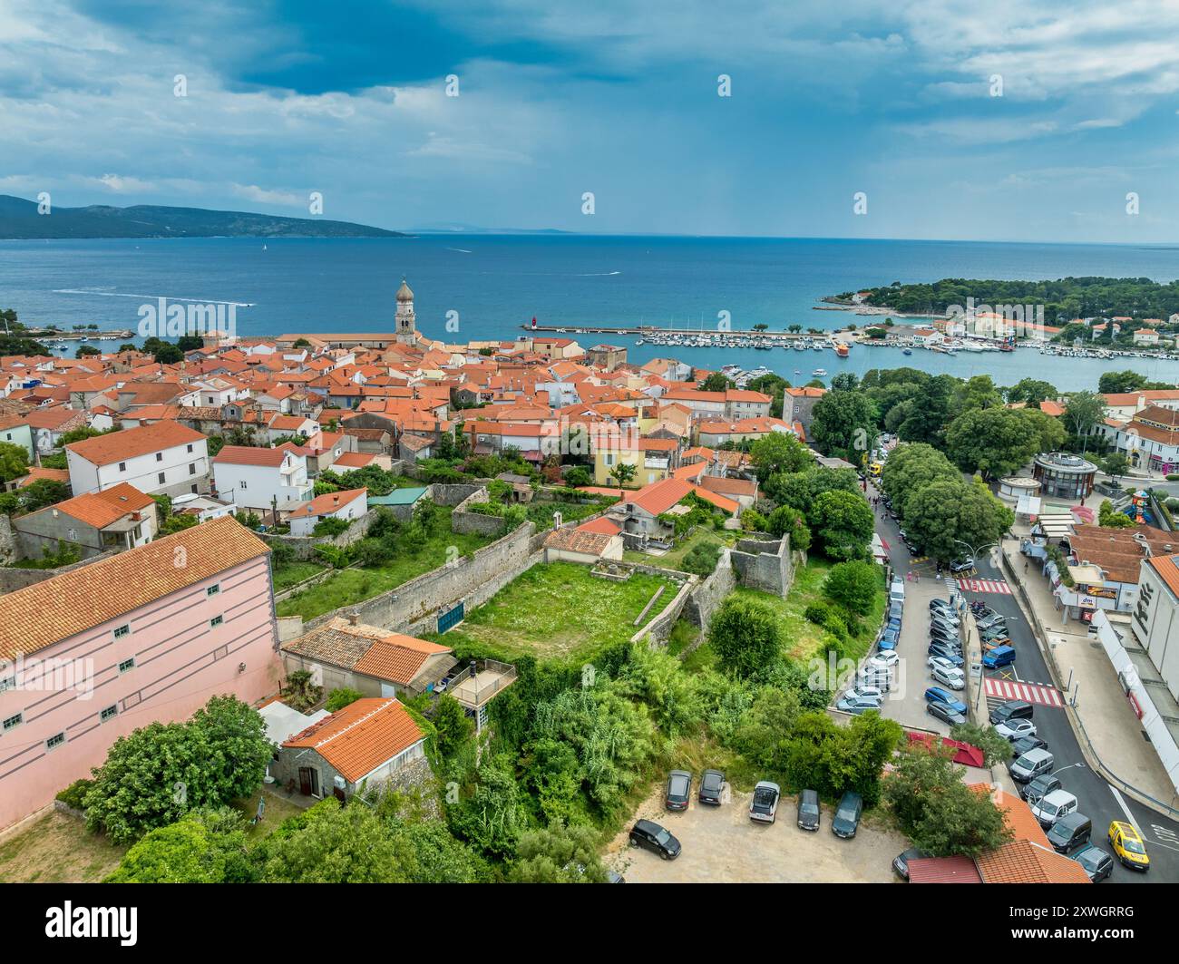 Aerial view of Krk town main port on the Croatian island with city ...