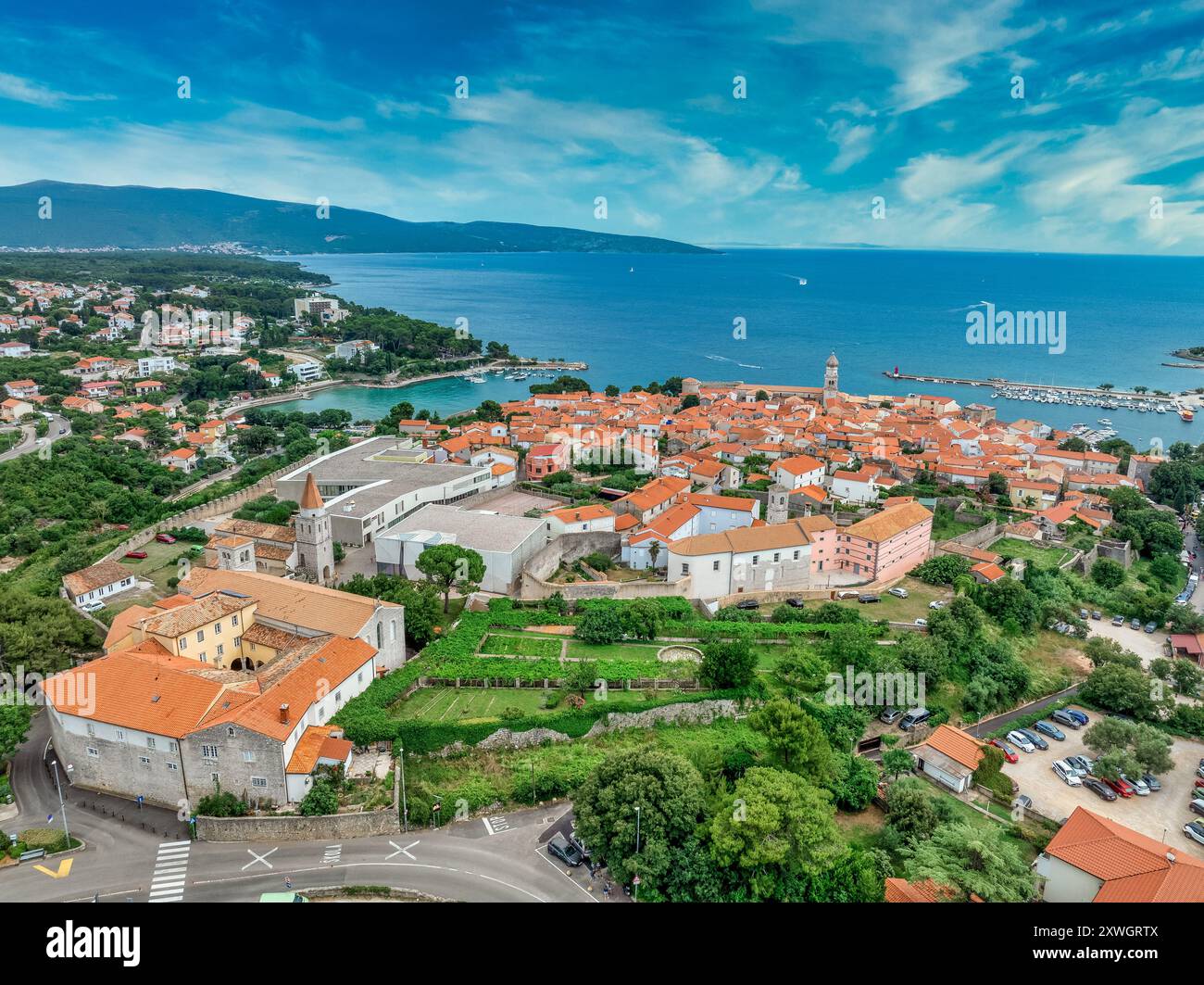 Aerial view of Krk town main port on the Croatian island with city ...