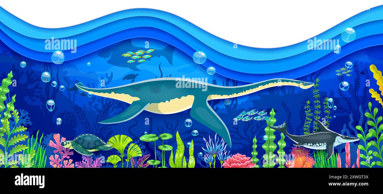 Prehistoric underwater dinosaurs vector banner with sea water wave ...