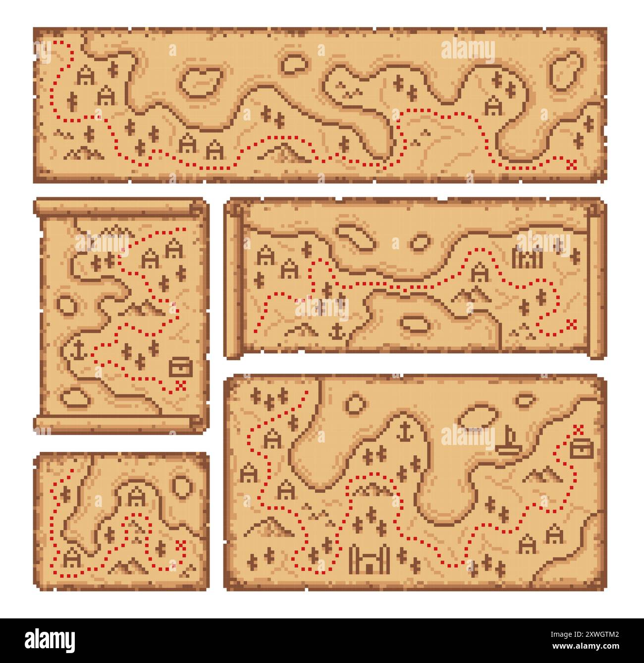 8 bit pixel pirate treasure map on ancient paper manuscript scroll ...