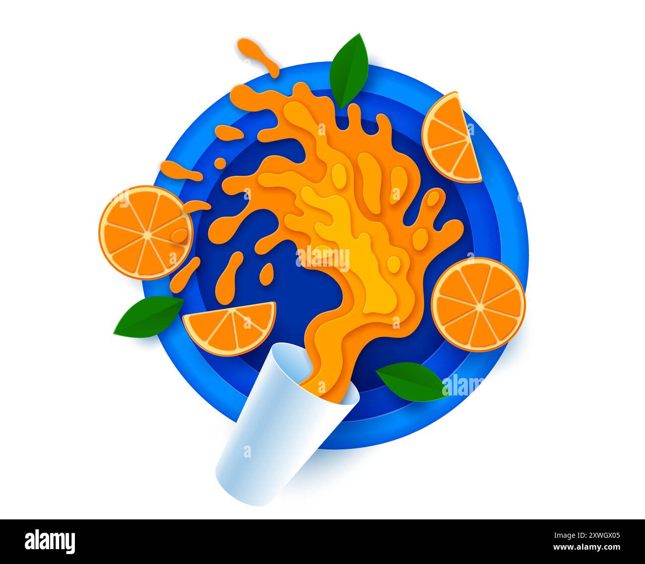 Paper cut orange juice flow splash, vector origami art tropical fruit ...