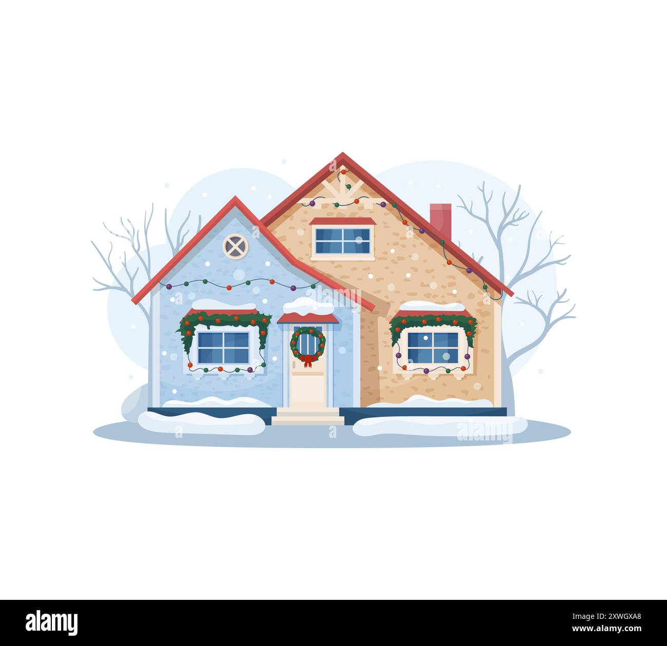 Christmas winter house facade exterior with twinkling lights, exudes ...