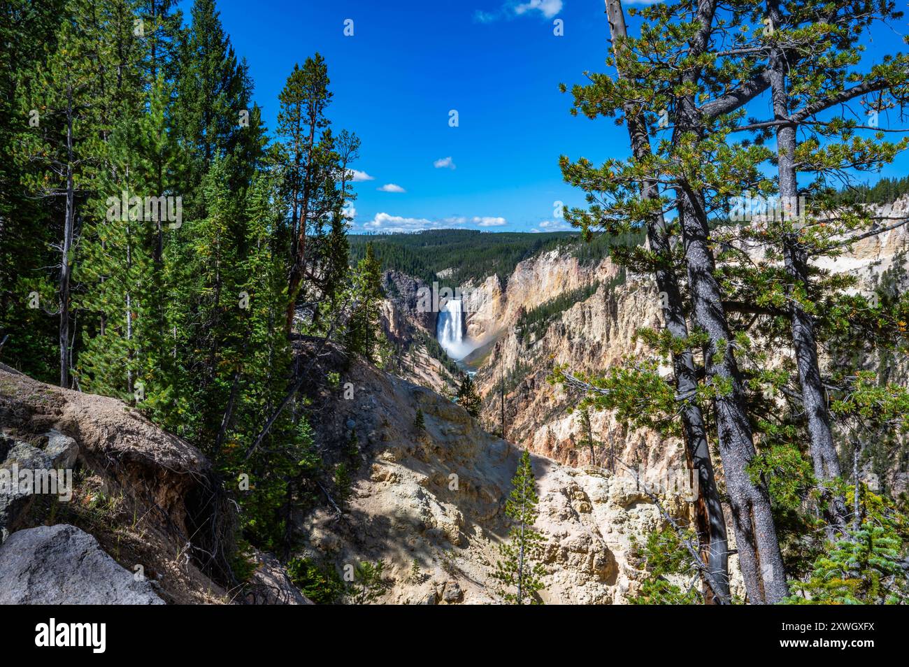 Grand Canyon of the Yellowstone National Park viewing upper and lower waterfalls from various ...