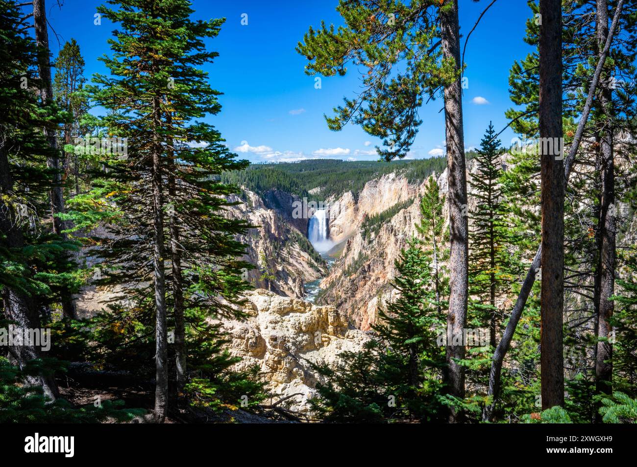 Grand Canyon of the Yellowstone National Park viewing upper and lower waterfalls from various ...