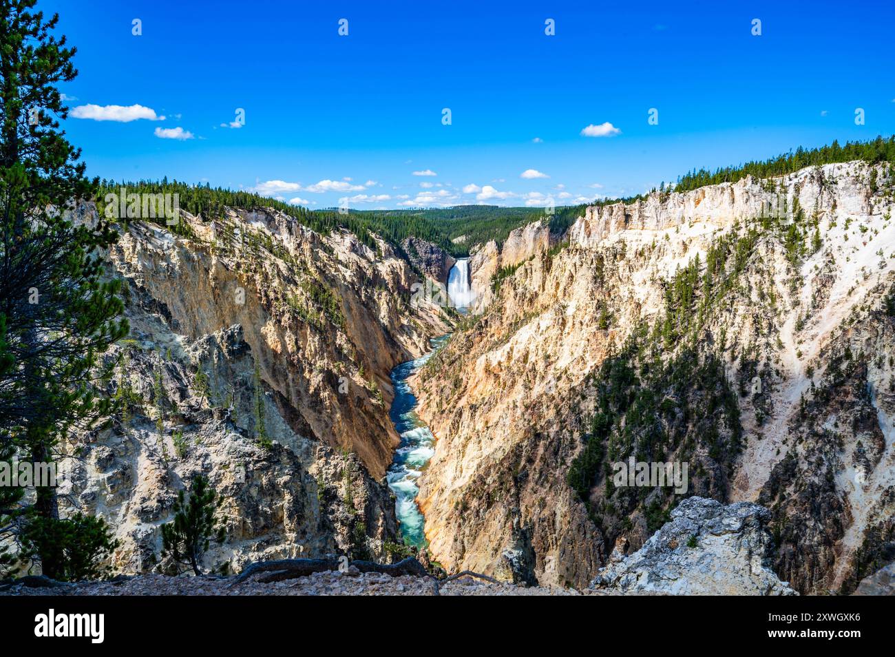 Grand Canyon of the Yellowstone National Park viewing upper and lower waterfalls from various ...