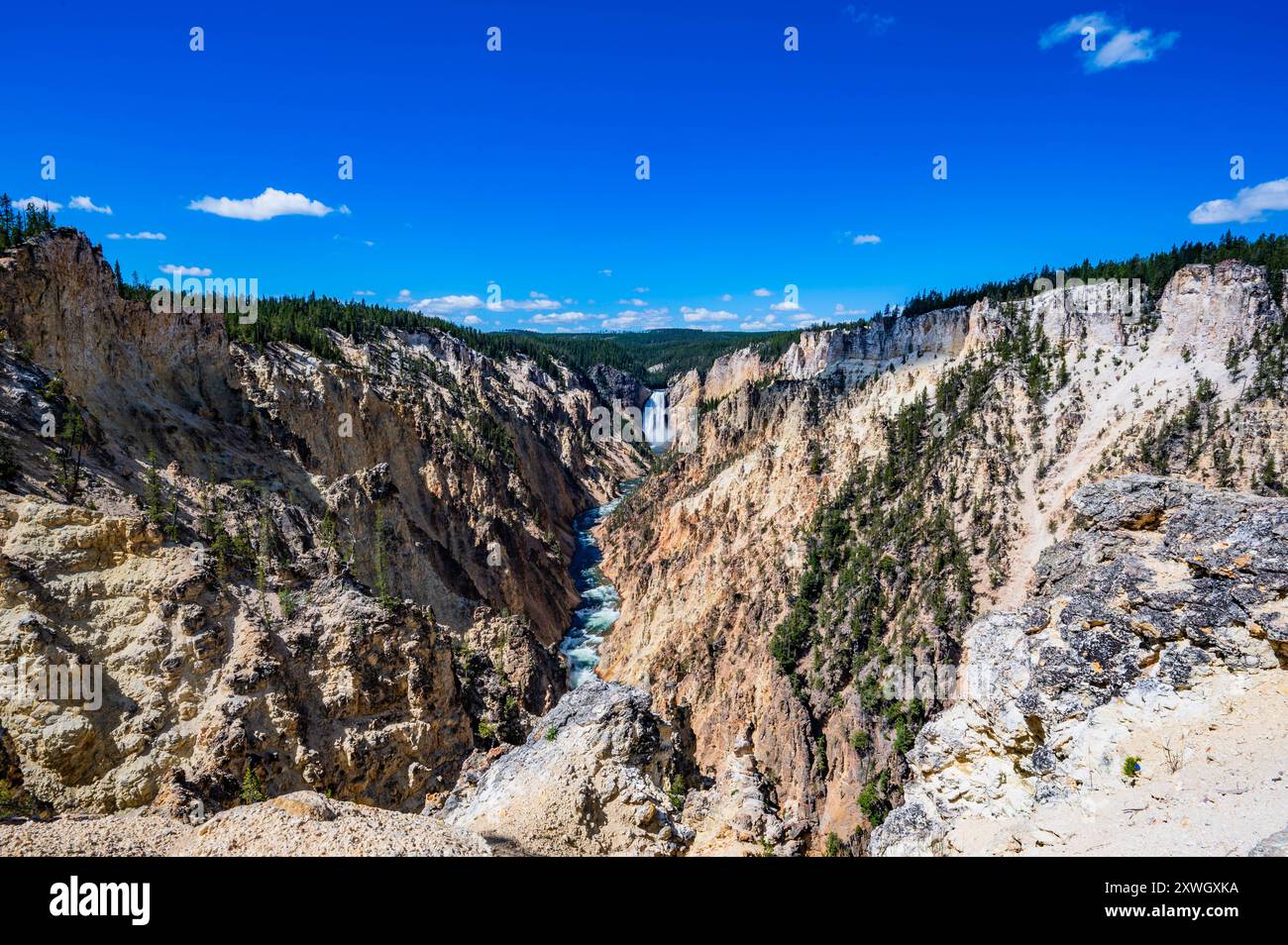 Grand Canyon of the Yellowstone National Park viewing upper and lower waterfalls from various ...