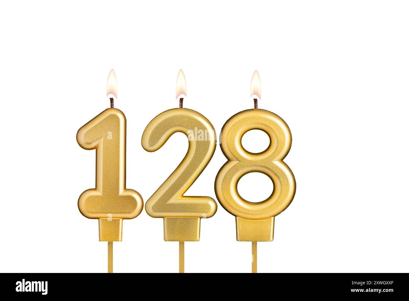 Golden number 128 birthday candle on white background Stock Photo - Alamy