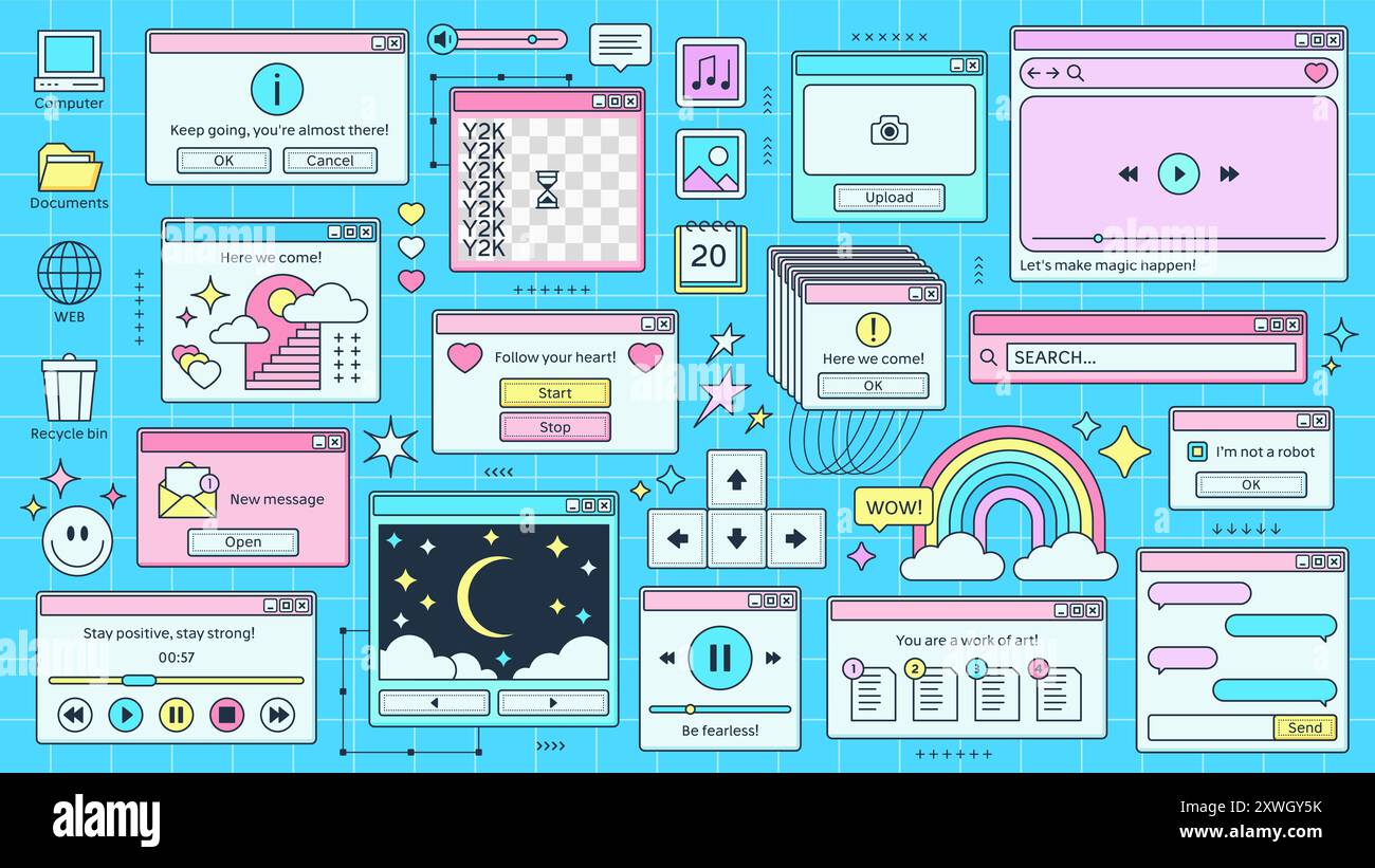 Y2K windows and retro browser pages of PC computer screen, cartoon ...