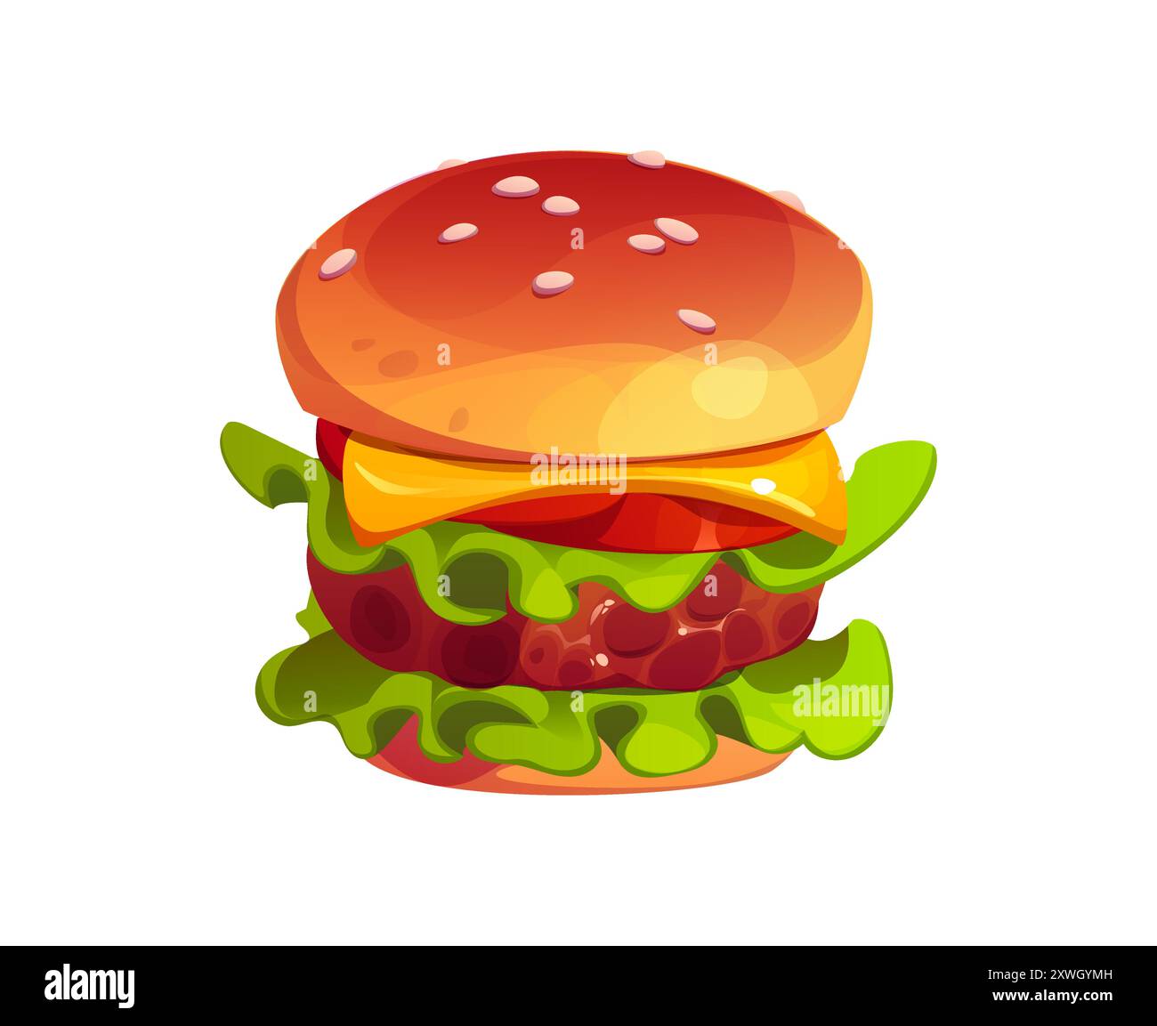 Cartoon fast food burger with sesame seed bun, crisp lettuce, melted ...