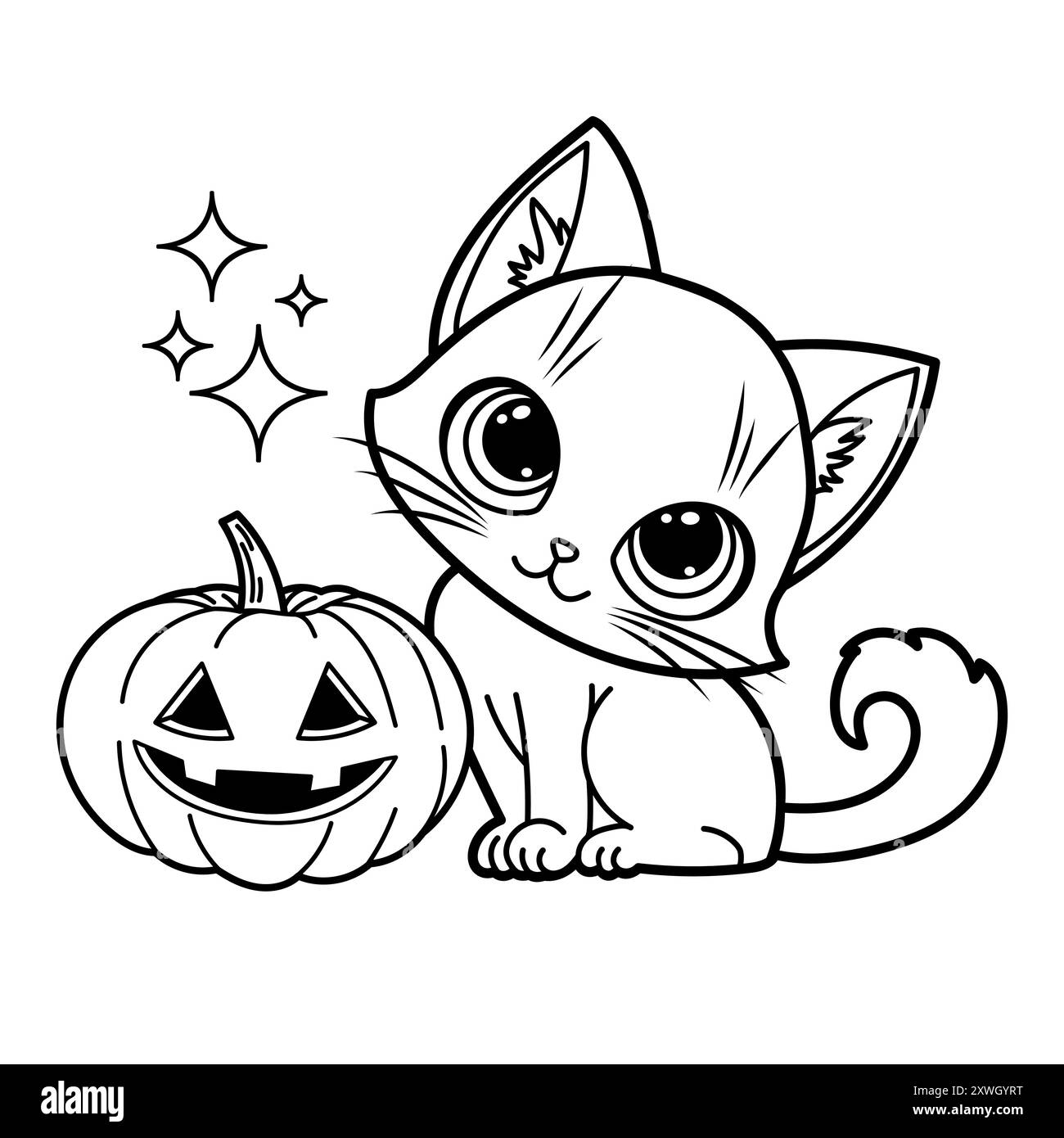Vector illustration of adorable cartoon kitten sitting beside a Jack-o ...