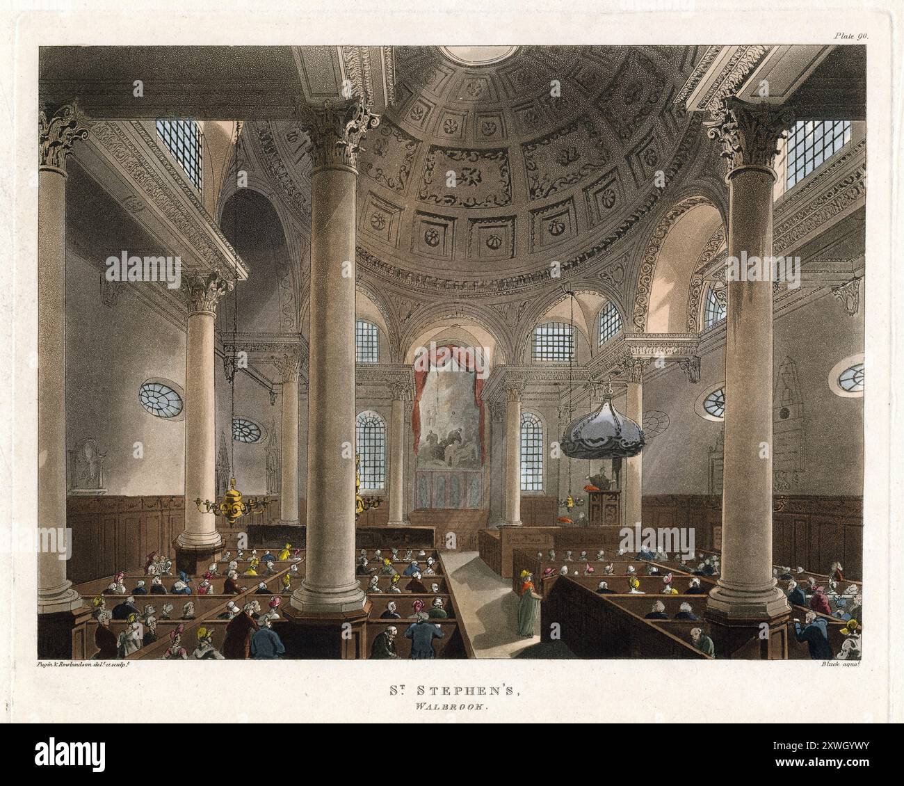 A print coloured engraving of a Saint Stephens Church Walbrook London ...