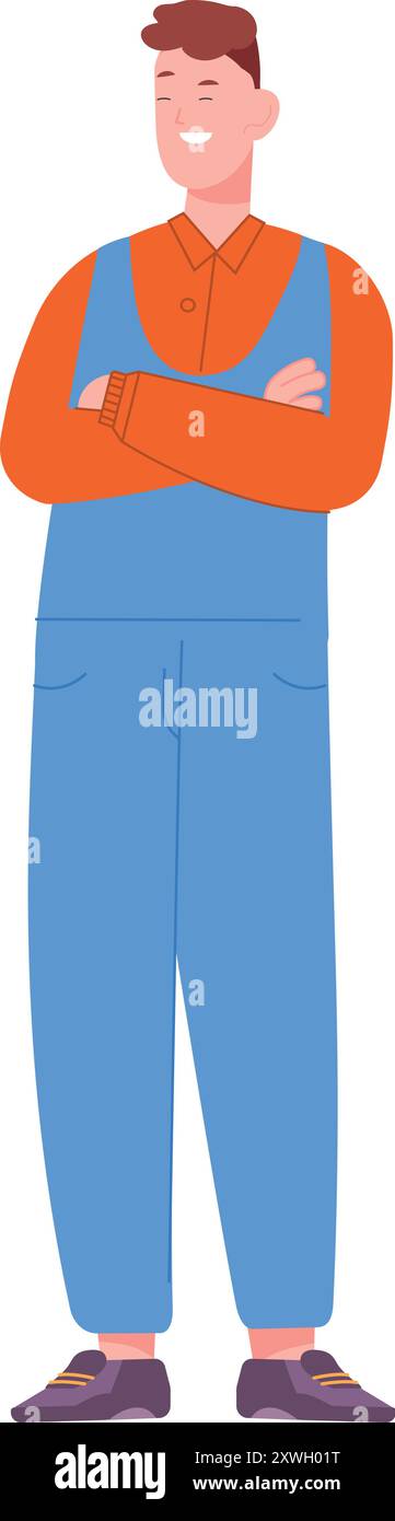 Happy man in blue overalls. Technical worker character isolated on ...